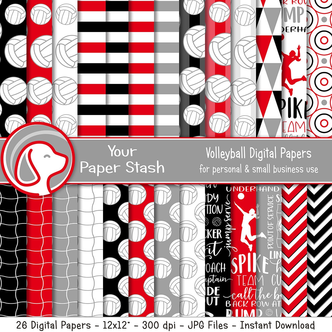 Volleyball Digital Paper Patterns, Red Black Volleyball Net and Ball ...