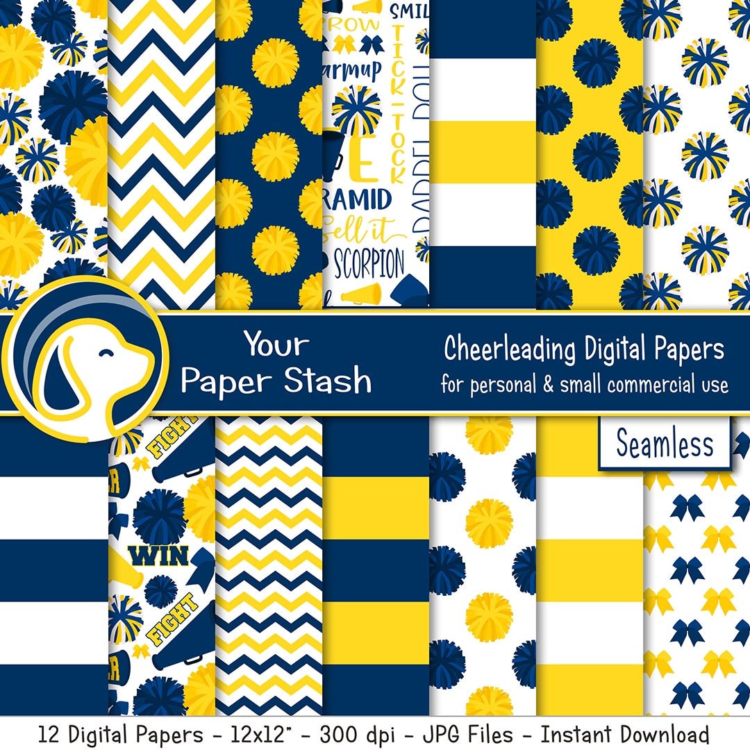 Blue Yellow Cheerleading Digital Paper Pack, Cheer Team Scrapbooking ...