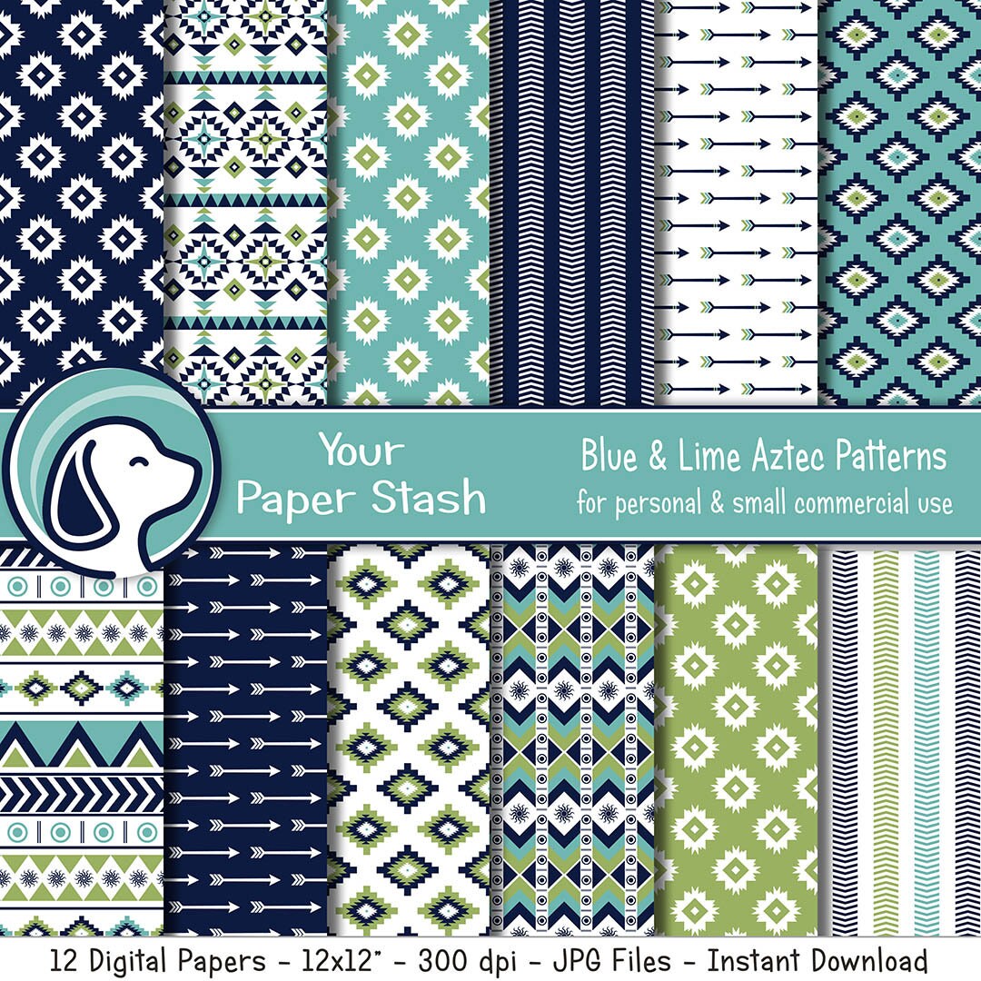 Tribal Arrow Digital Paper Pack, Blue Lime Green Aztec Southwest Paper ...
