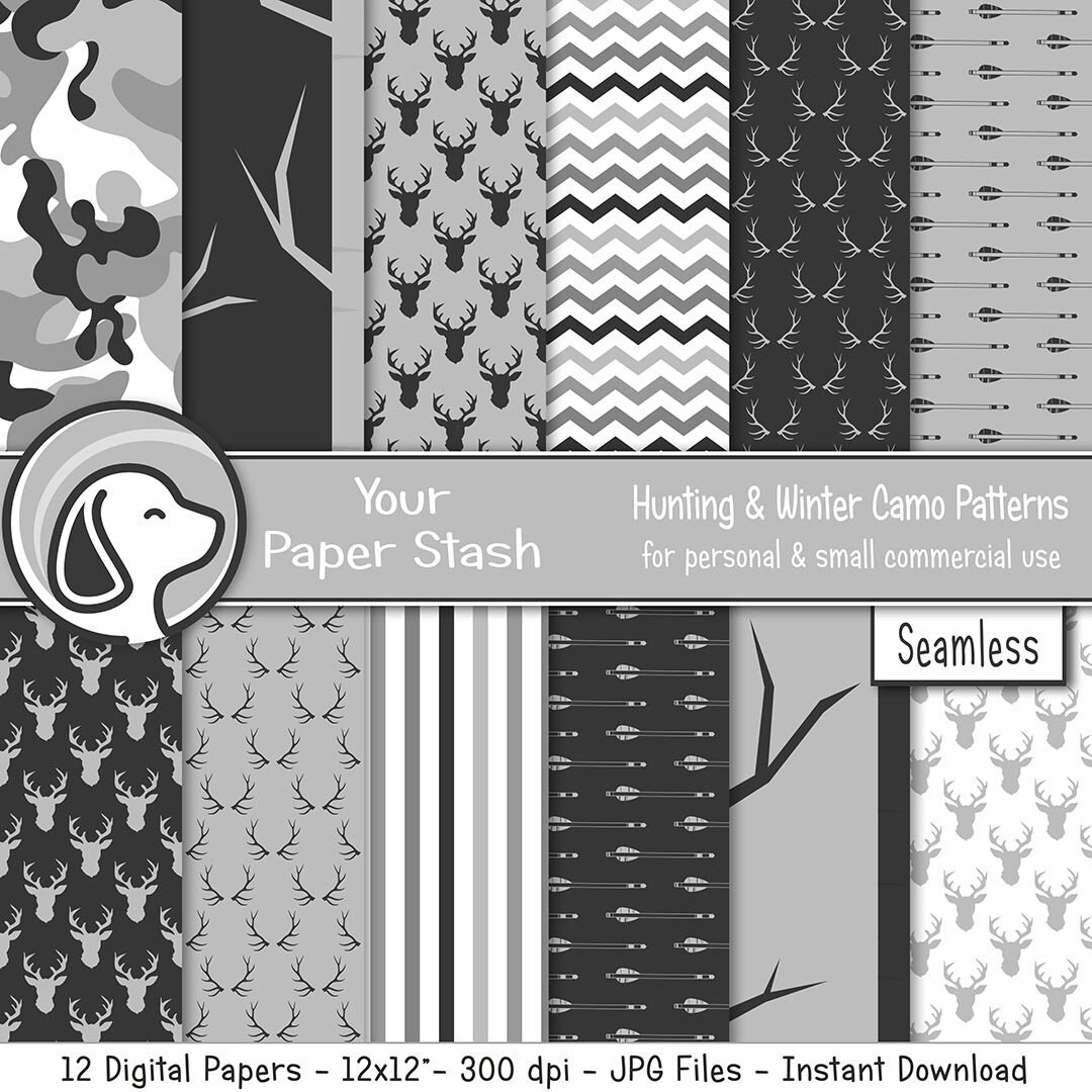 Winter Hunting Digital Scrapbook Papers, Seamless Winter White Gray ...