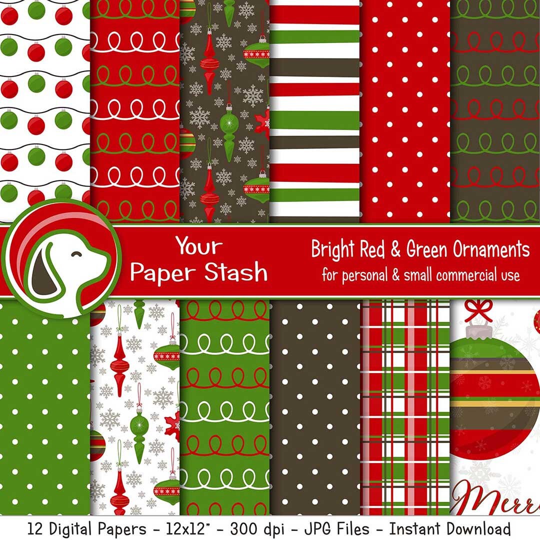 Traditional Christmas Digital Papers W/ Ornaments Garland Stripes ...