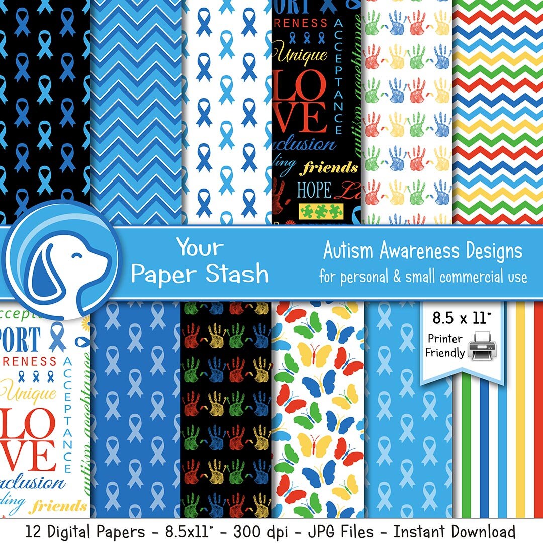 Autism Awareness Digital Papers and Backgrounds, Blue Ribbon Month ...