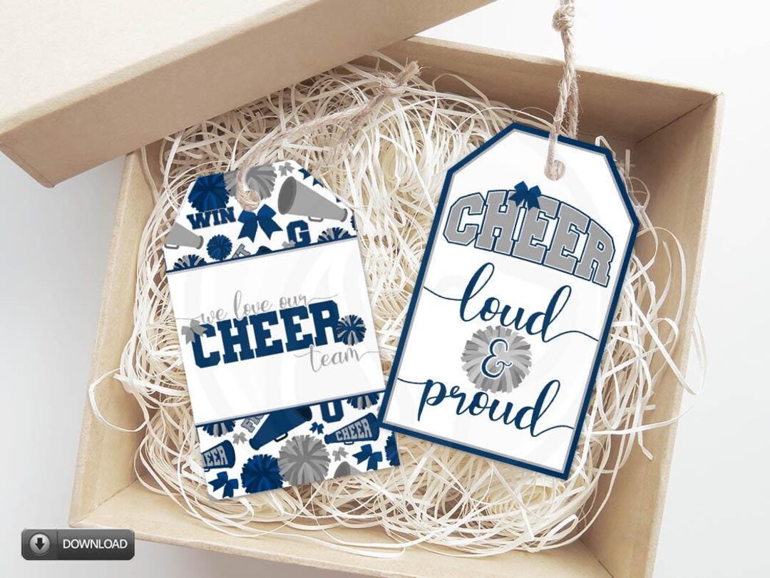 Cheerleader Printable Gift Tags in Navy Blue and Silver Gray, Cheer ...