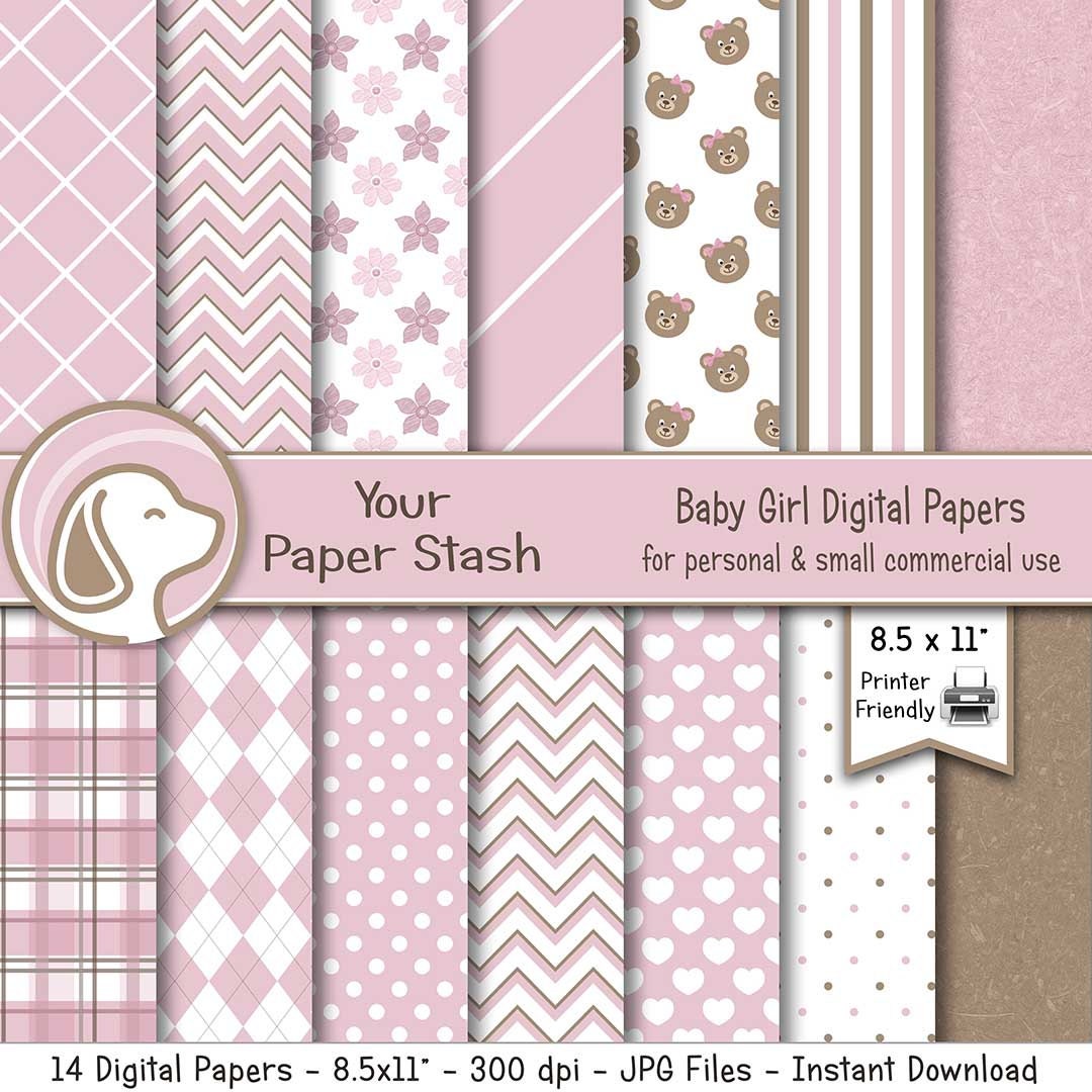 Pink Baby Girl Digital Scrapbook Papers for Baby Showers Gender Reveal ...