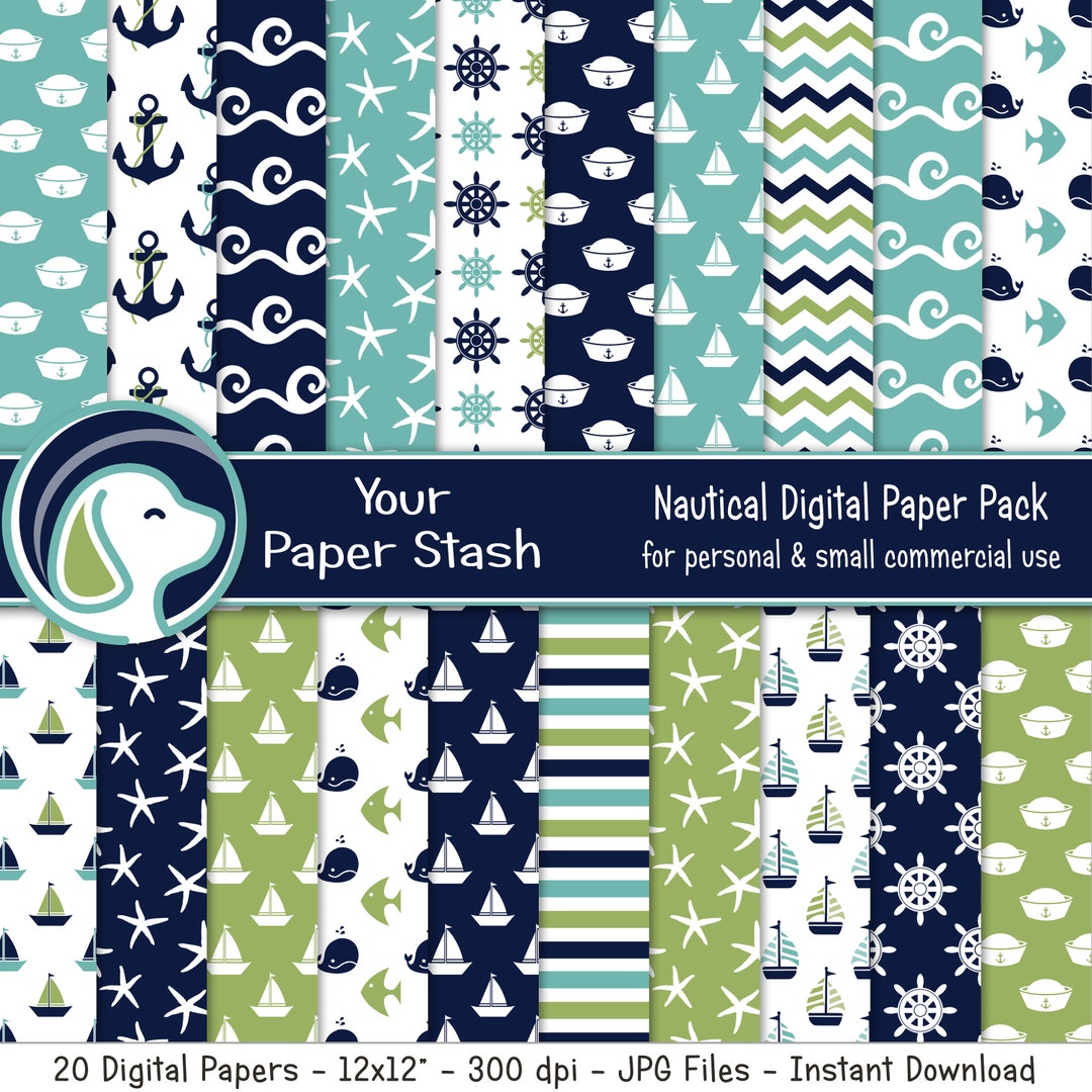 Navy Blue & Lime Green Nautical Digital Scrapbook Papers, Ocean Wave ...