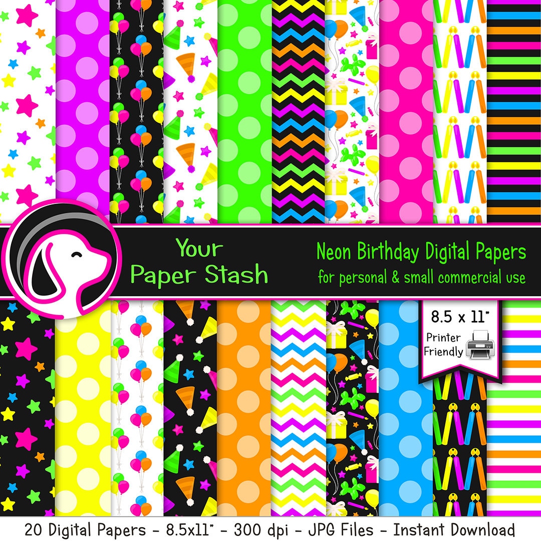 Printable Neon Birthday Digital Papers, Boy or Girl Birthday Printable ...