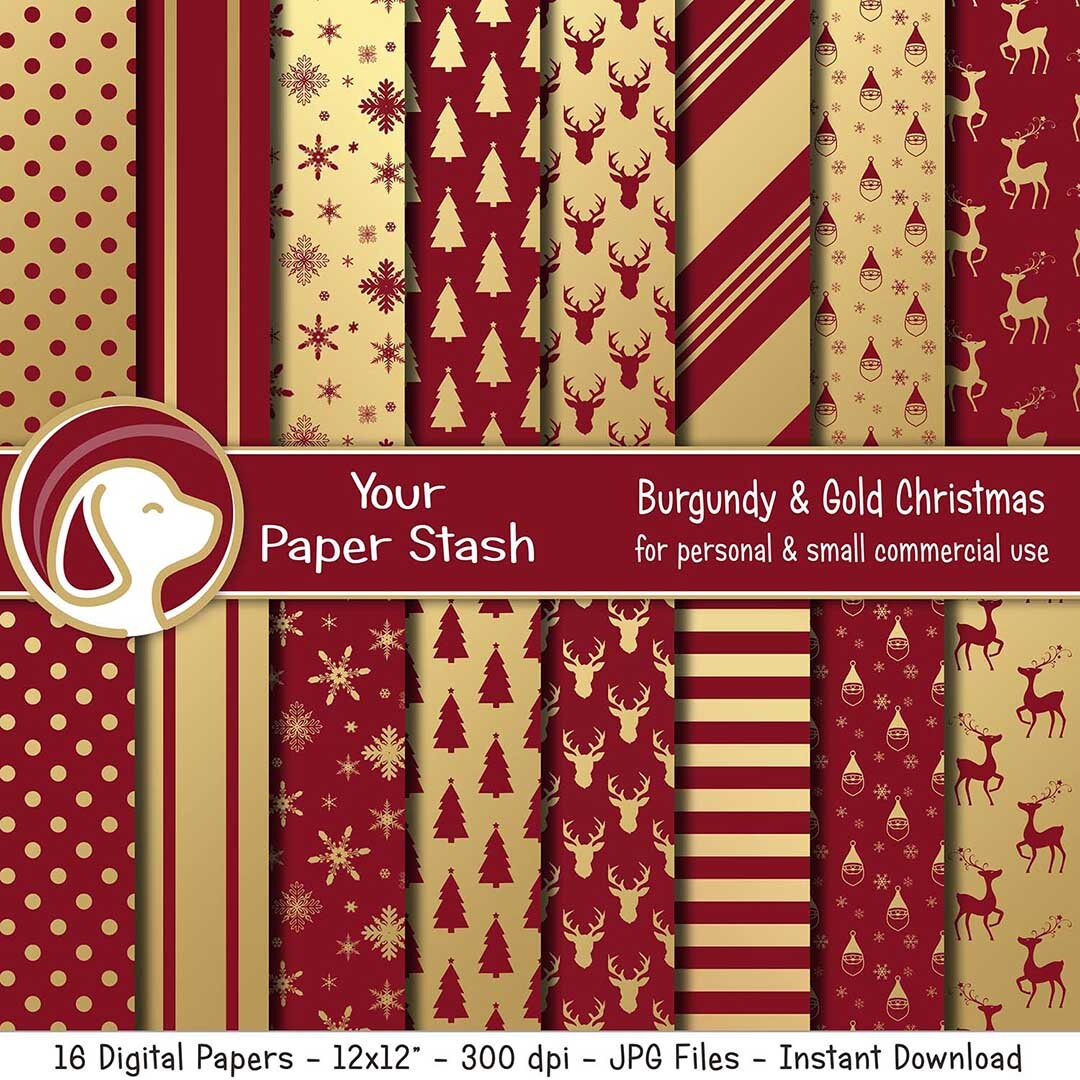 Burgundy & Gold Christmas Digital Scrapbook Paper Background Pattern ...