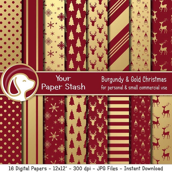 Burgundy & Gold Christmas Digital Scrapbook Paper Background | Etsy