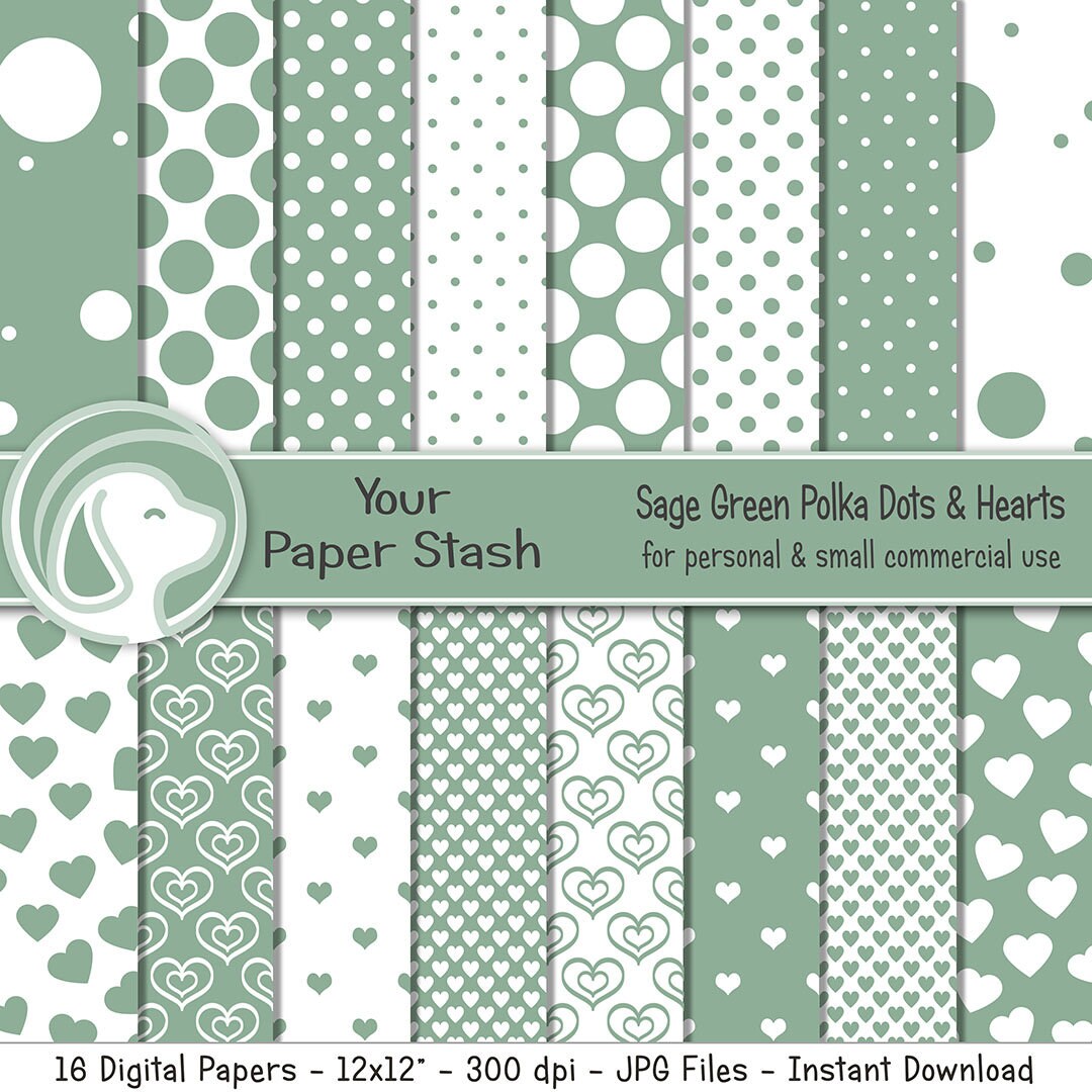 Sage Green Digital Scrapbook Papers, Green Polka Dot & Heart Wedding ...