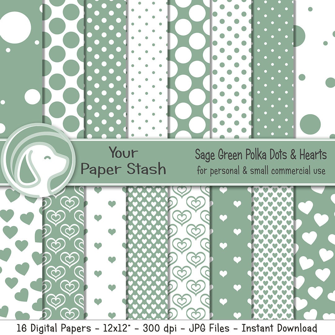 Sage Green Digital Scrapbook Papers Green Polka Dot & Heart | Etsy