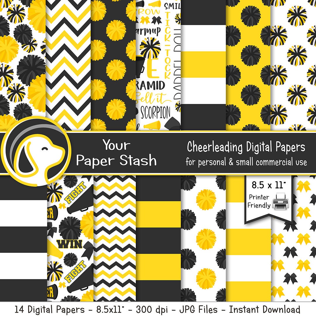Printable Cheerleader Digital Paper Pack, Black Yellow Pompom Digital ...