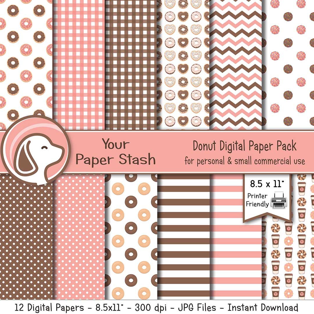 Doughnut Digital Scrapbook Papers With Donuts Stripes Chevrons Coffee ...