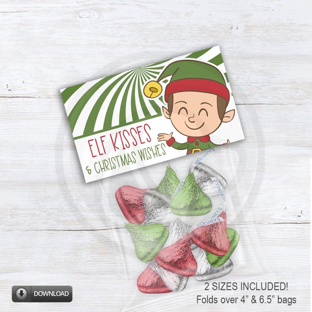 Elf Kisses Christmas Treat Bag Topper Printable, Cute Elf Candy Bag Tag ...
