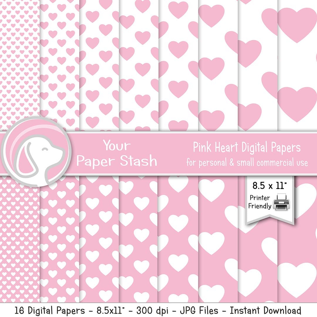 Printable Pink Heart Digital Scrapbook Paper, Baby Girl Heart Decoupage ...