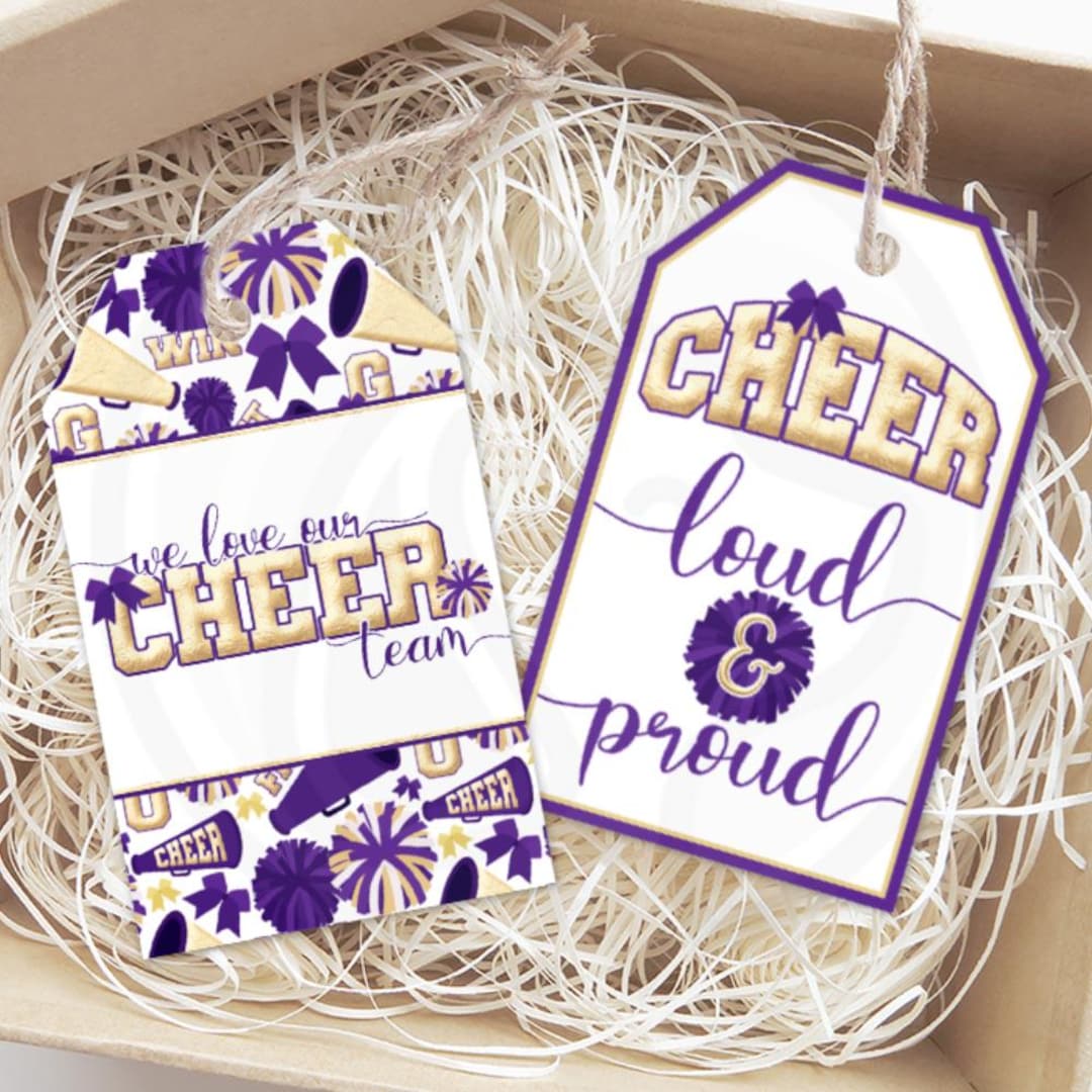 Purple Gold Cheerleading Printable Gift Tags, Cheer Team Squad Mom ...