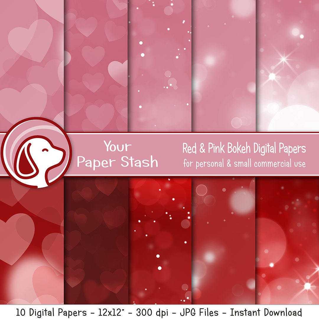 Valentine's Day Digital Paper Pack With Red & Pink Heart Bokeh ...