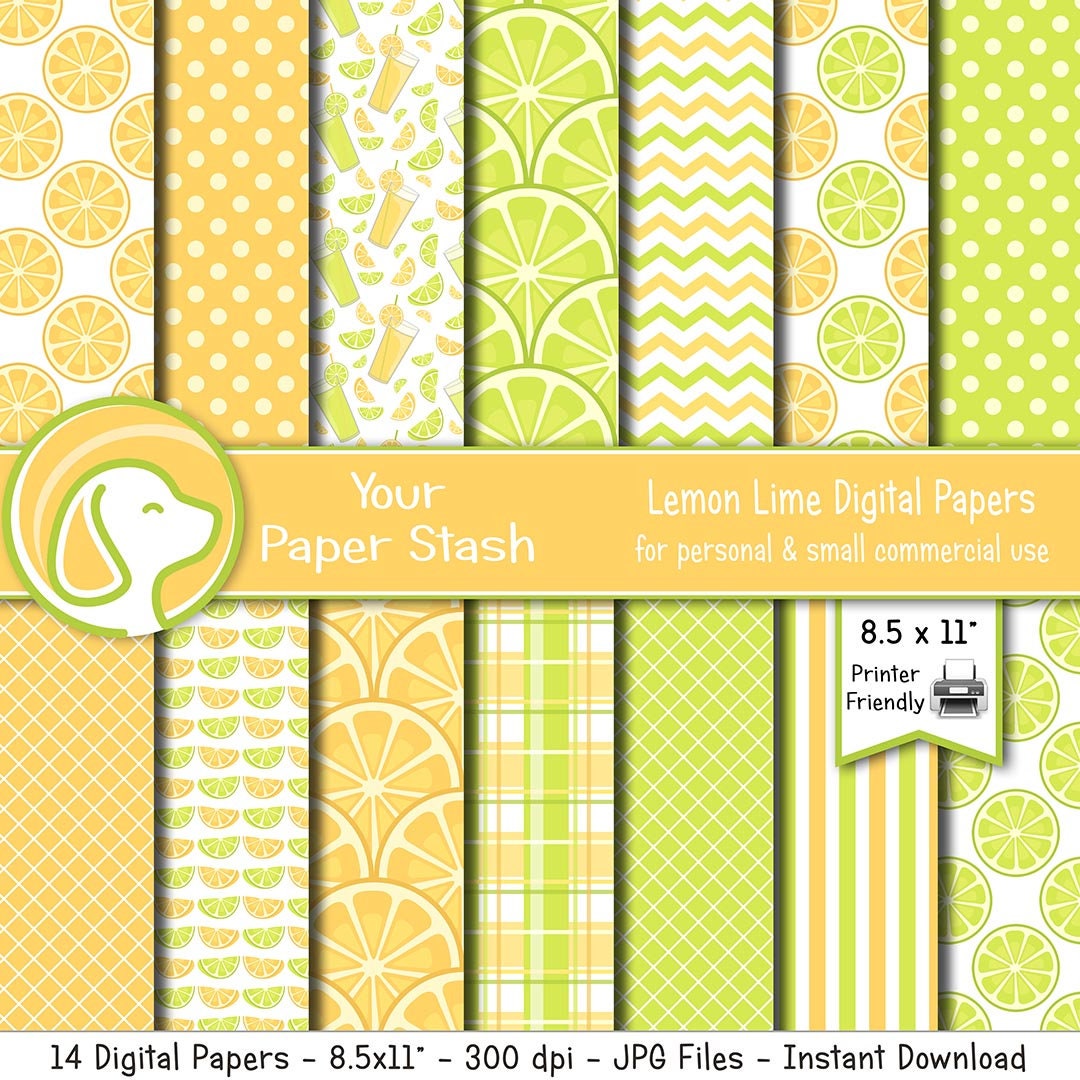 8.5x11" Lemon Lime Digital Paper Pack, Summer Scrapbooking Pages ...