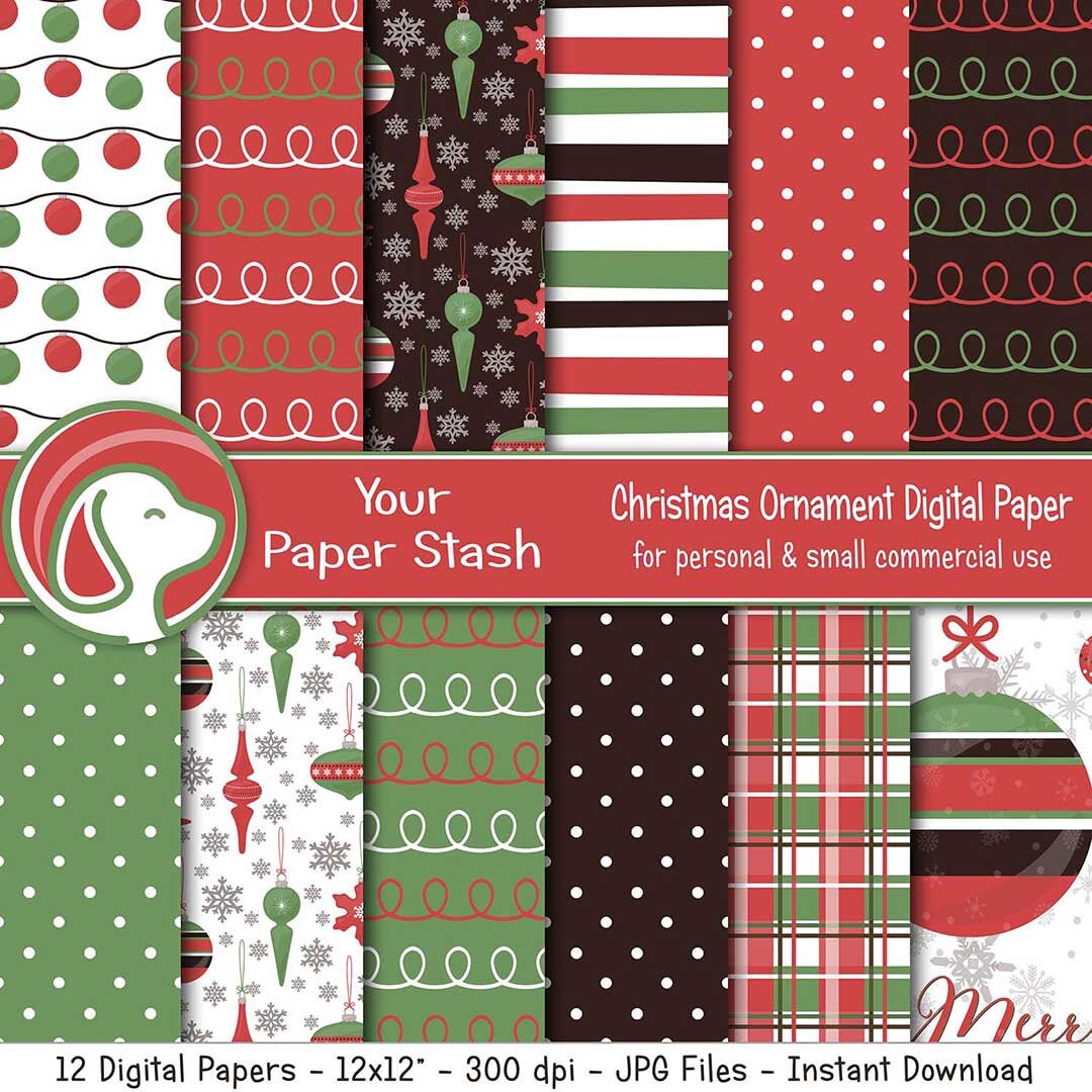 Christmas Ornament Digital Paper Backgrounds, Red & Green Holiday ...