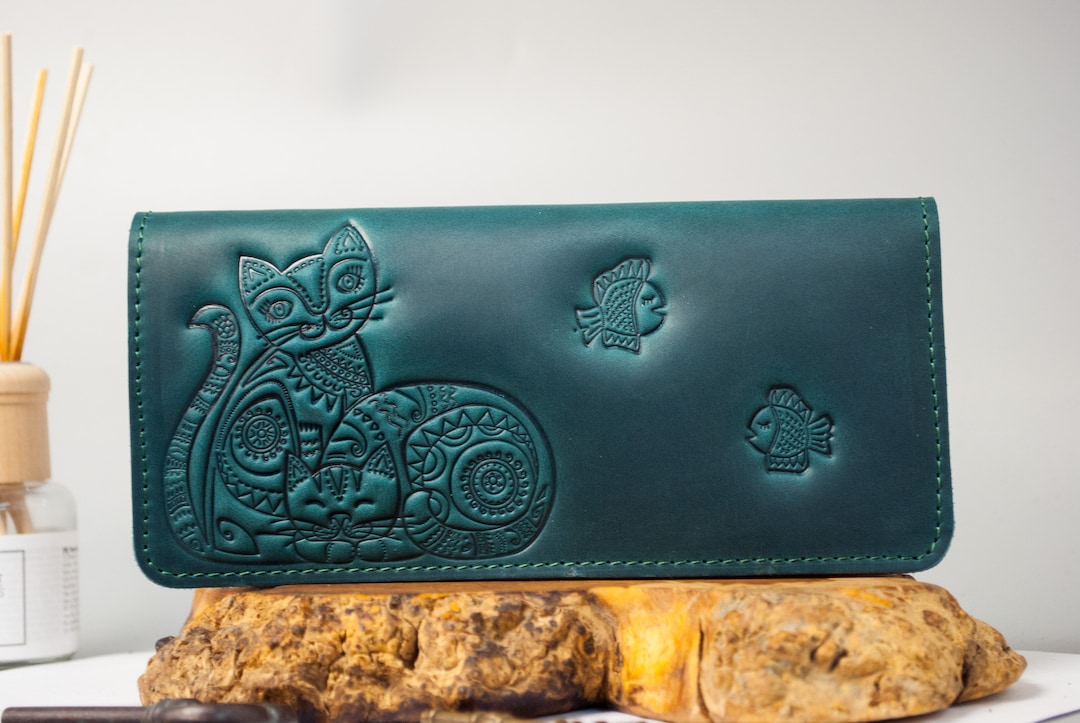 Dark-teal Leather Boho Wallet With Cats Leather Wallet Women's, Leather ...