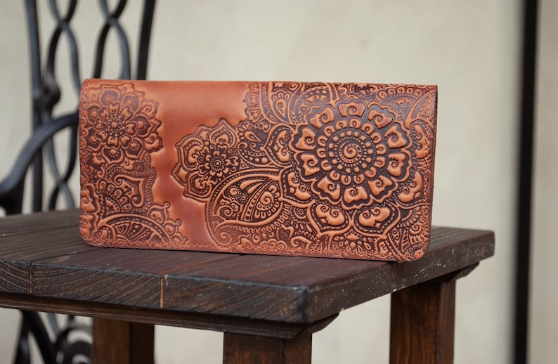 Light-brown Leather Wallet Boho With Flowers Leather Wallet - Etsy