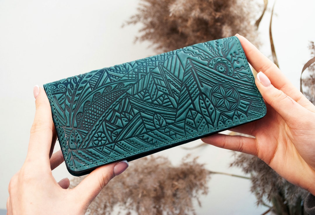 Handmade Turquoise Leather Wallet: Boho Mountain Embossed Women's ...