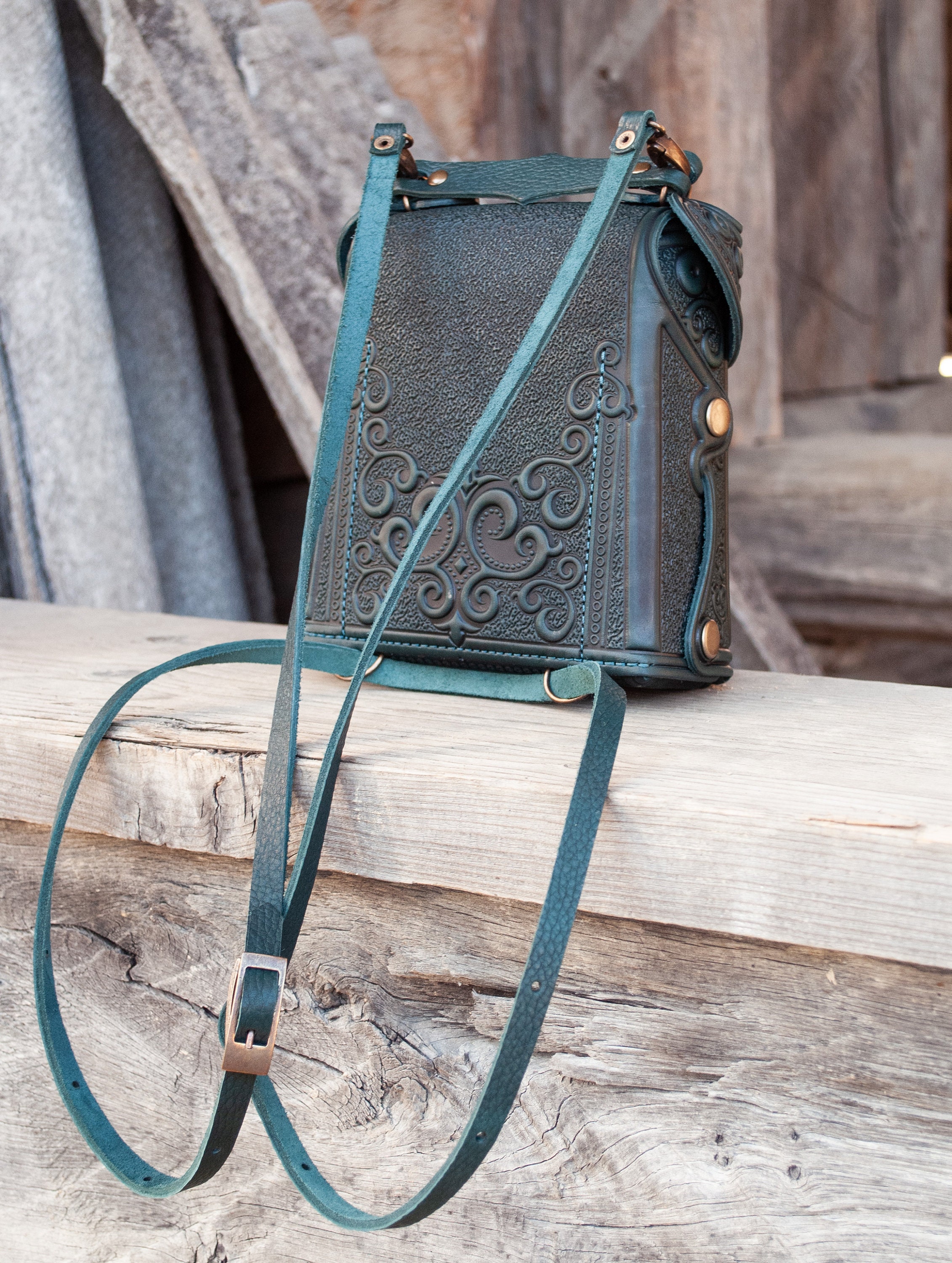 Tooled Leather Small Dark-green Backpack Women Boho Leather - Etsy