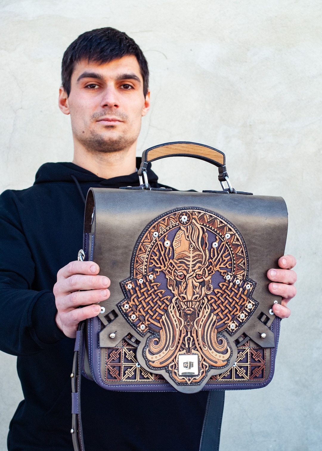 Genuine Leather Biker Bag for Men With Decor Rocker Bag, Leather Bag ...