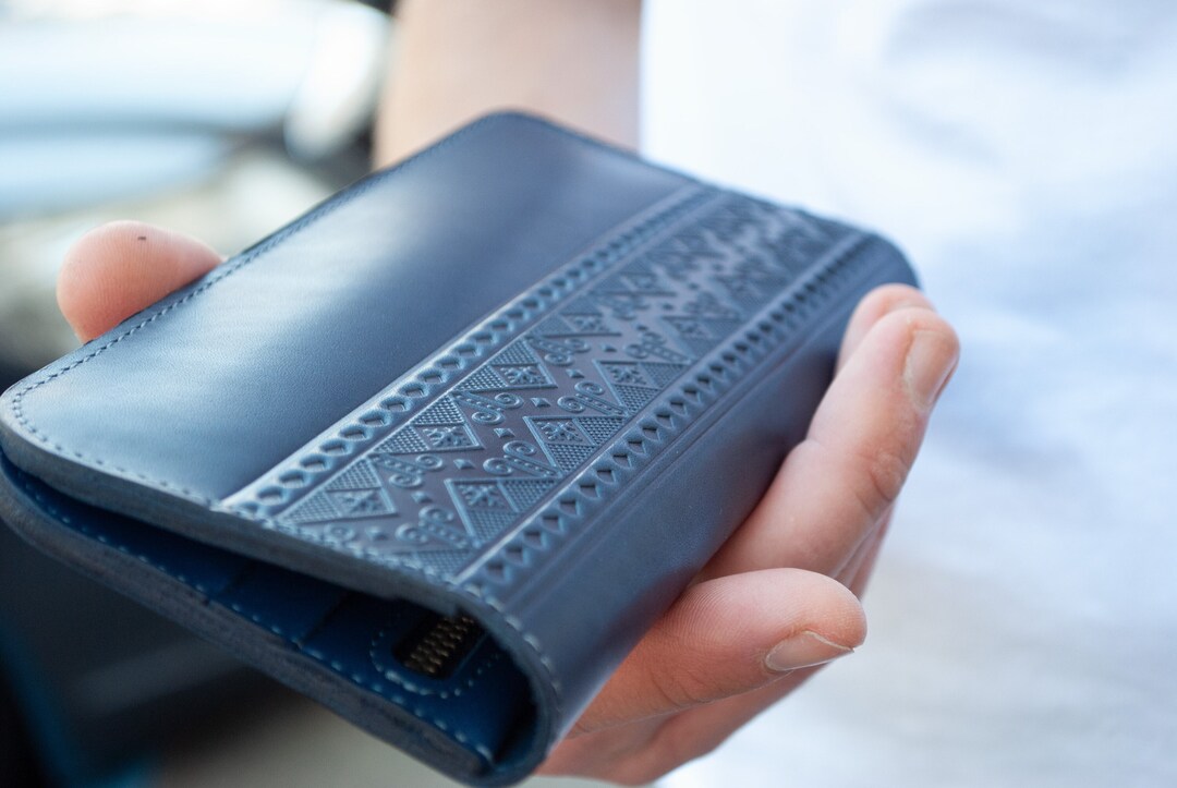 Real Leather Wallet Men Navy Blue With Embossing | Long Leather Wallet ...