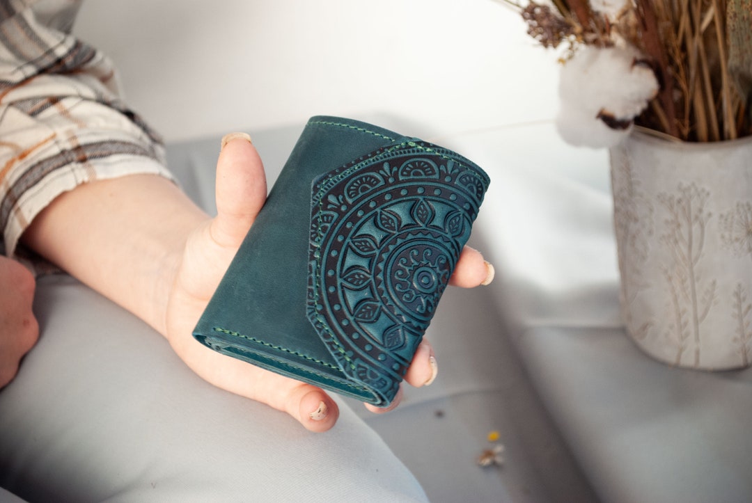 Turquoise Leather Wallet: Small Boho Mandala Embossed Women's Wallet - Etsy