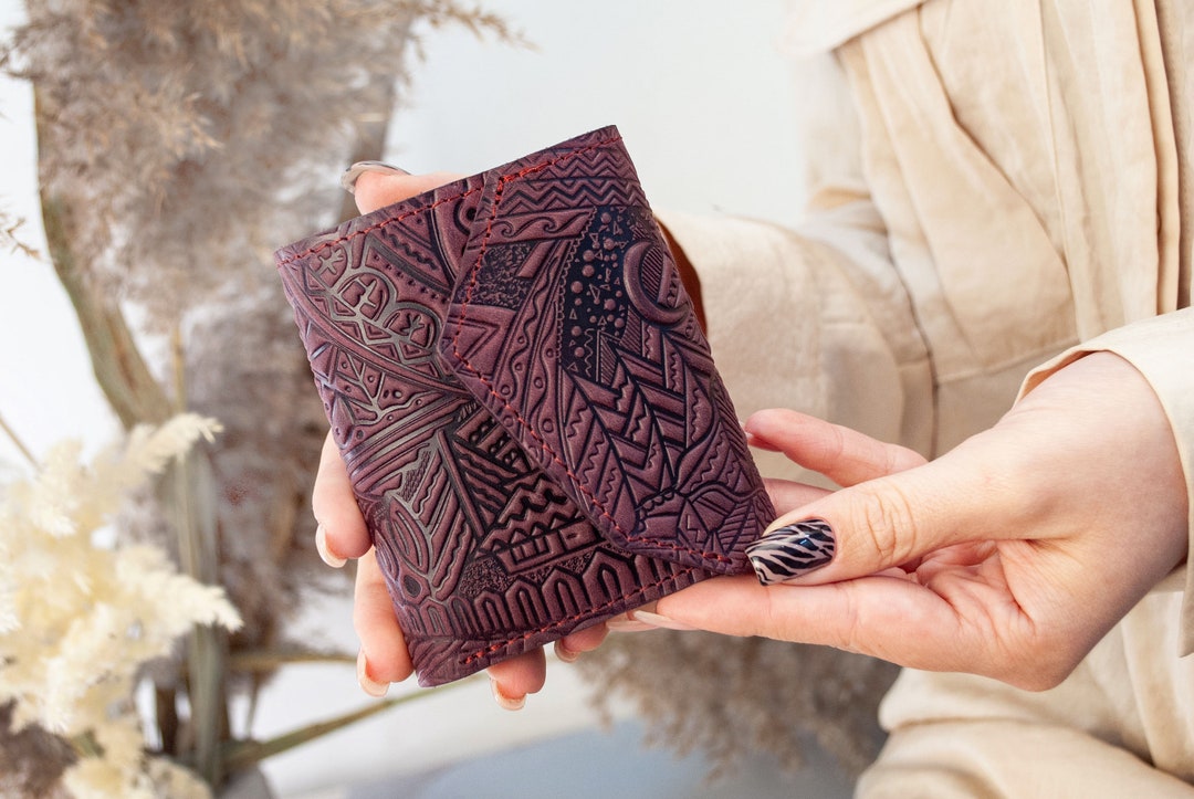 Embossed Leather Mini Wallet: Rustic Mountains, Boho Burgundy - Etsy