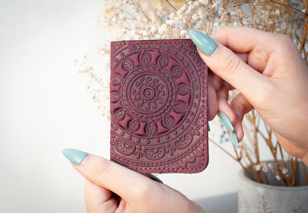 Burgundy Leather Boho Mini Wallet for Card With Sun Embossing - Etsy