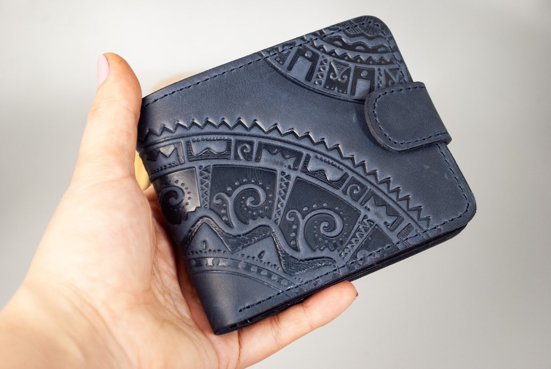 Embossed Leather Wallet | Navy Blue Small Bifold With ID Slot - Etsy
