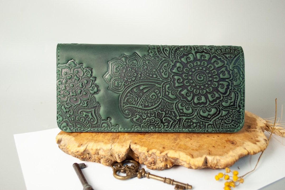 Dark Green Leather Wallet With Flower | Boho Long Wallet - Etsy
