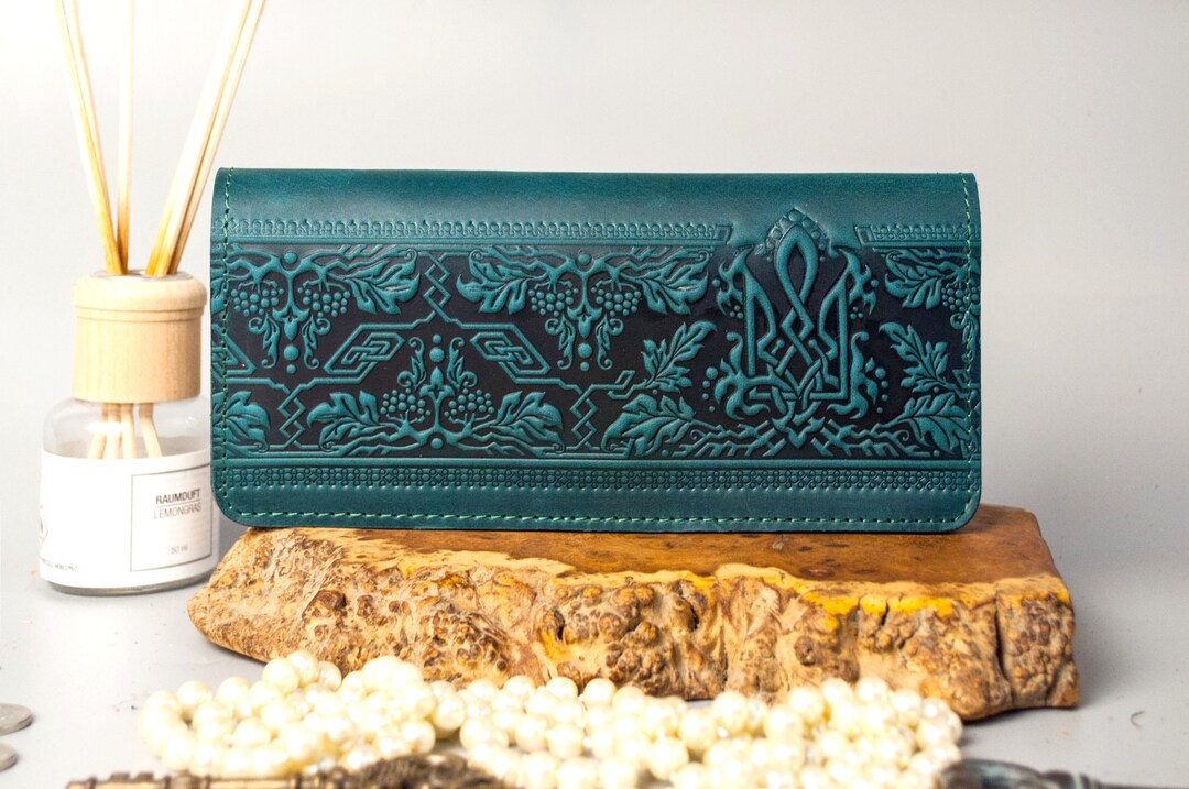 Dark-teal Leather Wallet With Trident | Long Wallet With Emblem of ...