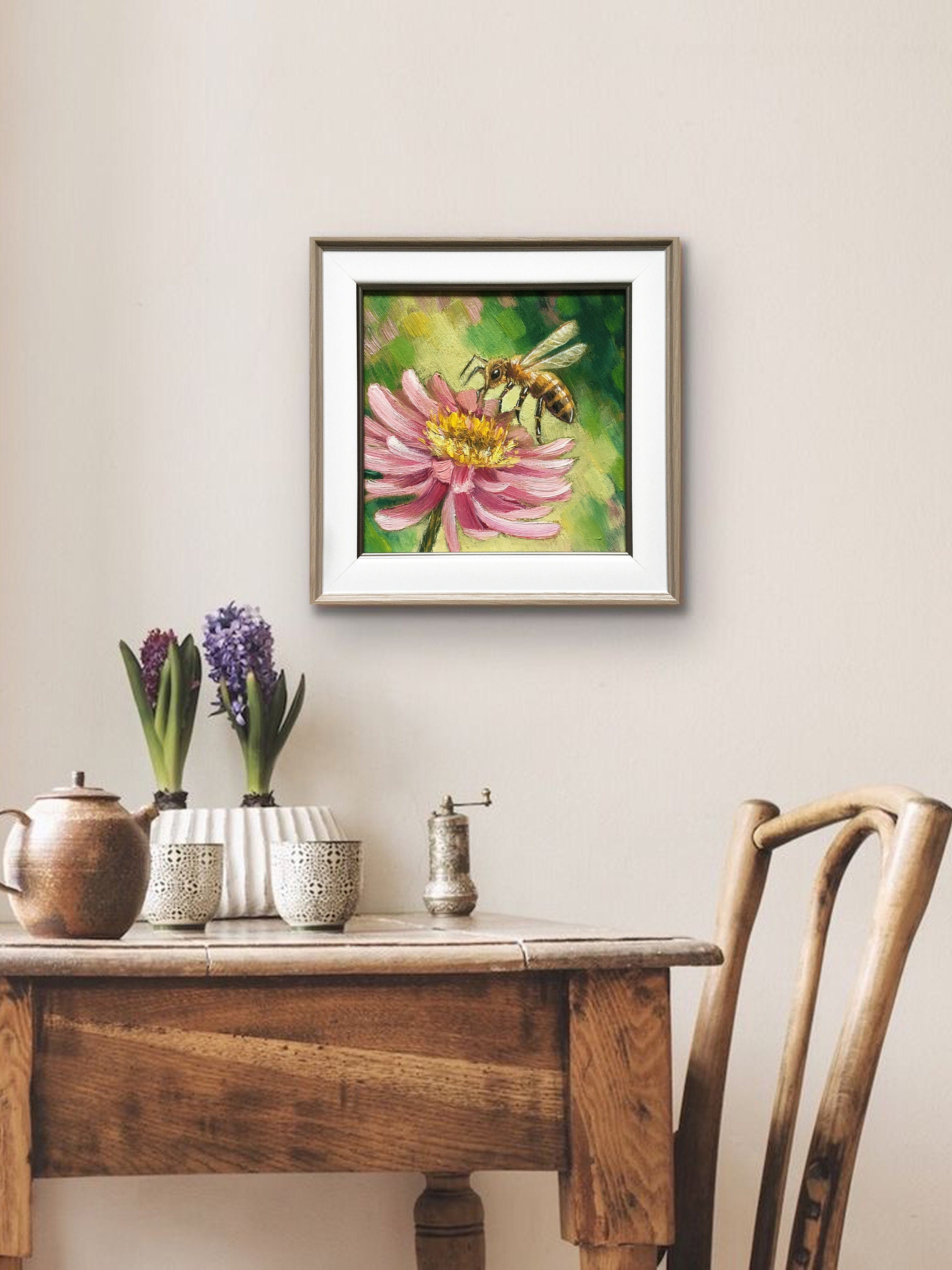 Bee Oil Painting Original Art Framed, Pink Flower Bee Wall Art in Frame ...