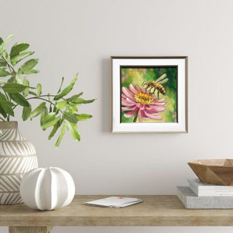 Bee Oil Painting Original Art Framed, Pink Flower Bee Wall Art in Frame ...
