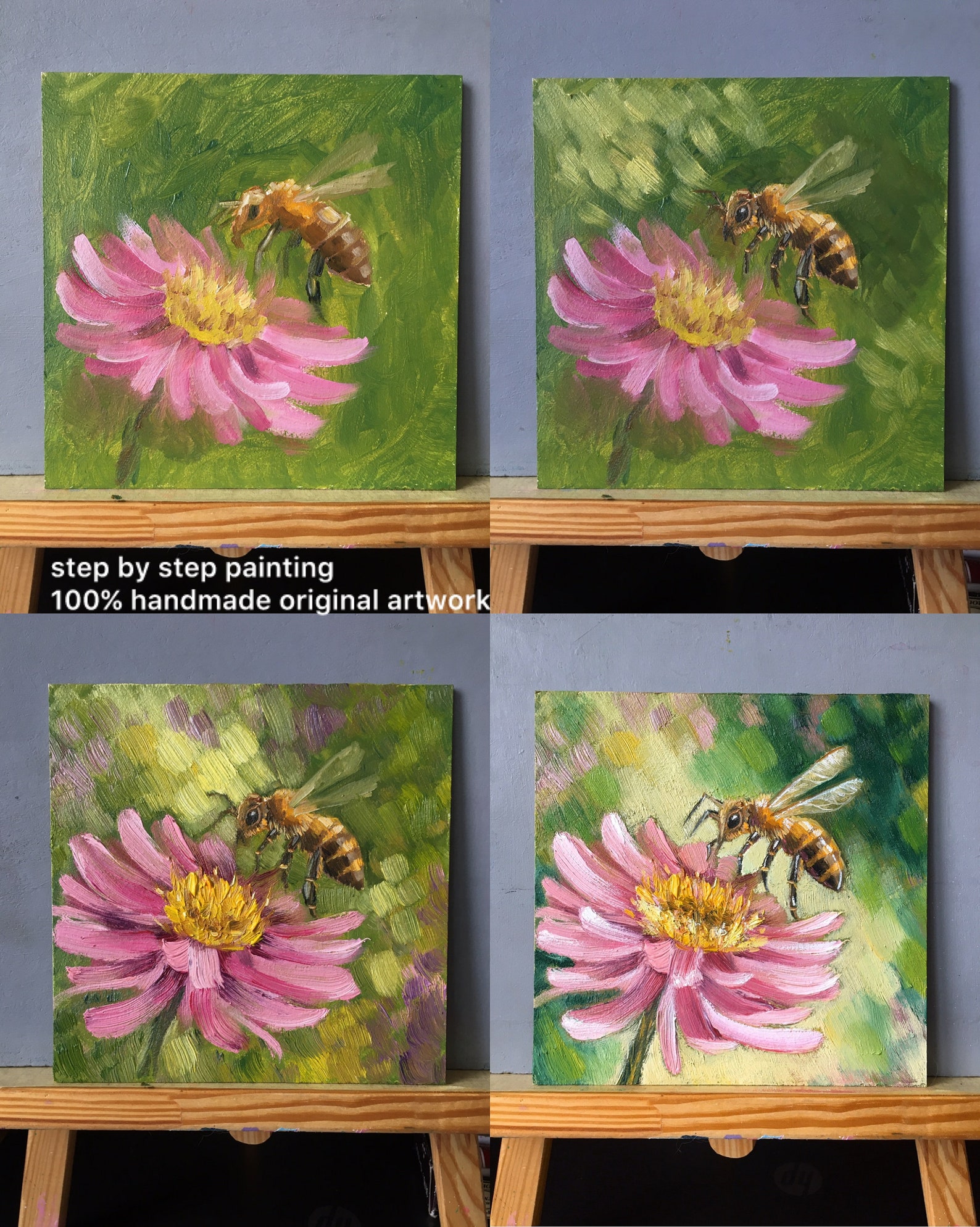 Bee Oil Painting Original Art Framed, Pink Flower Bee Wall Art in Frame ...