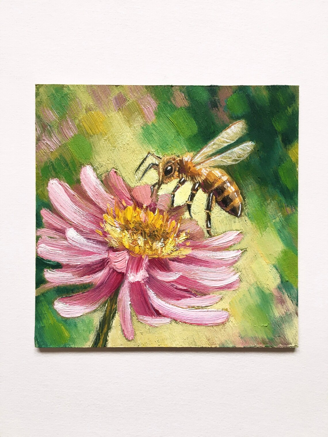 Bee Oil Painting Original Art Framed, Pink Flower Bee Wall Art in Frame ...