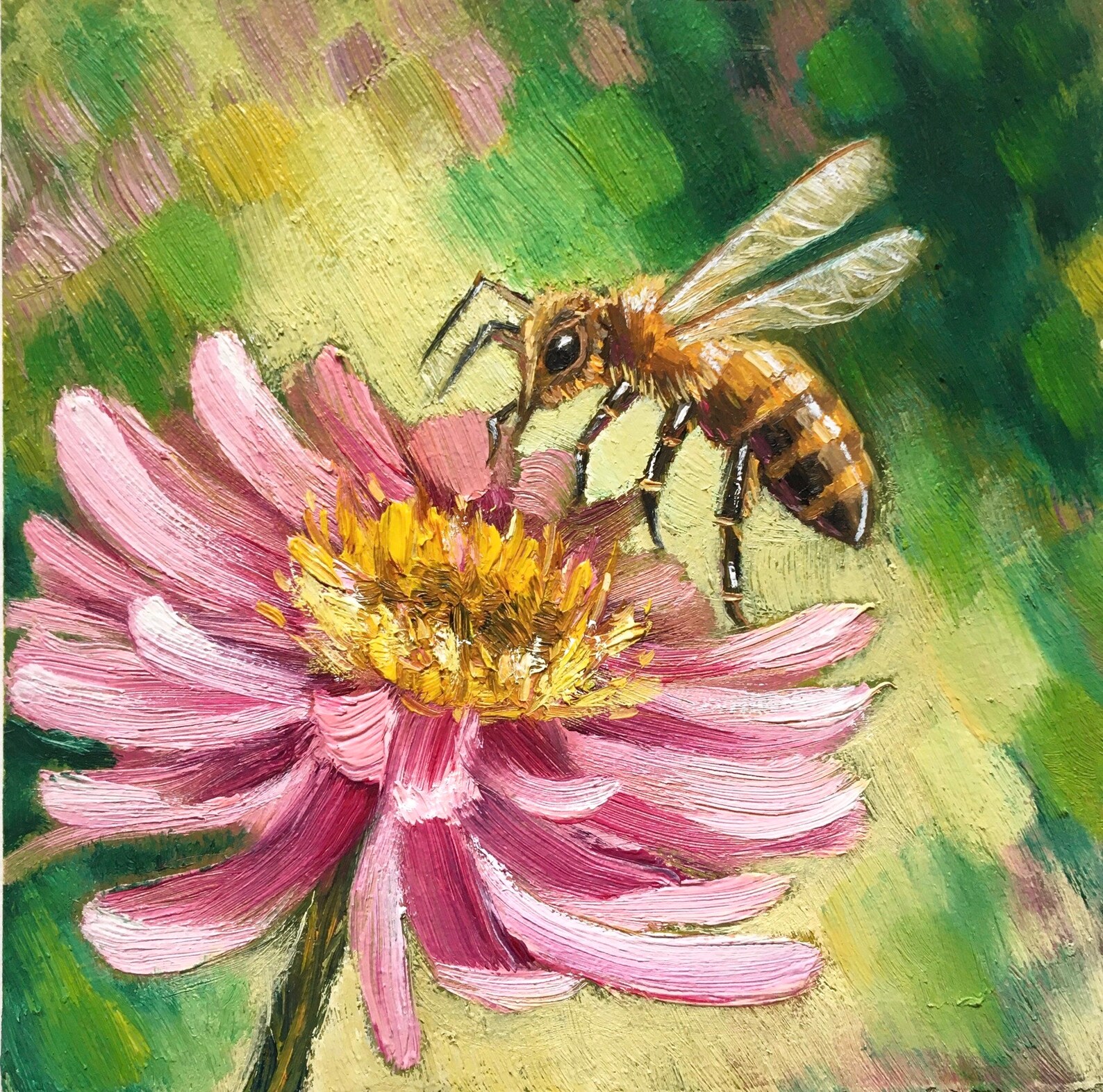 Bee Oil Painting Original Art Framed, Pink Flower Bee Wall Art in Frame ...