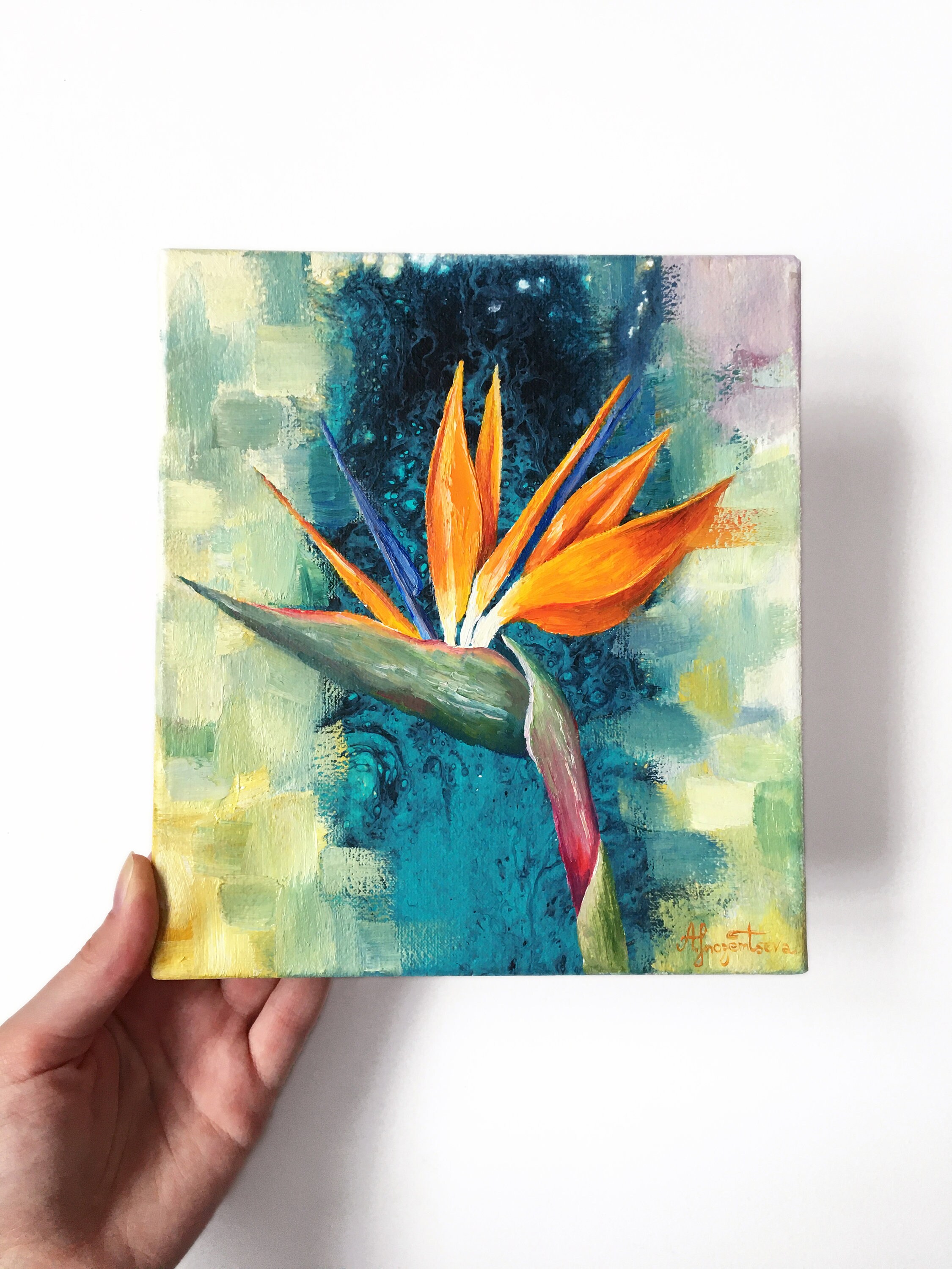 Strelitzia Original Oil Painting Canvas Art 7x8inches, Small Painting Desert Flowers, Unique ...
