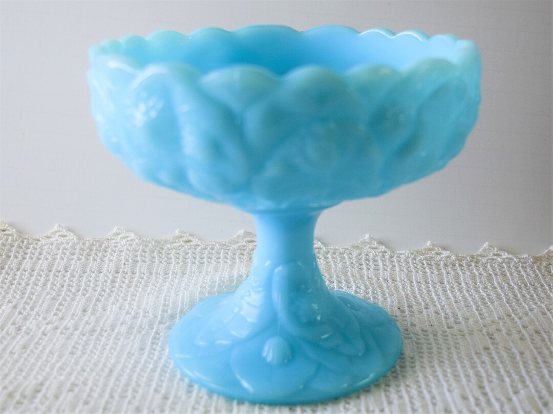 Fenton Water Lily Pattern Blue Satin Glass Footed Candy Dish/compote - Etsy