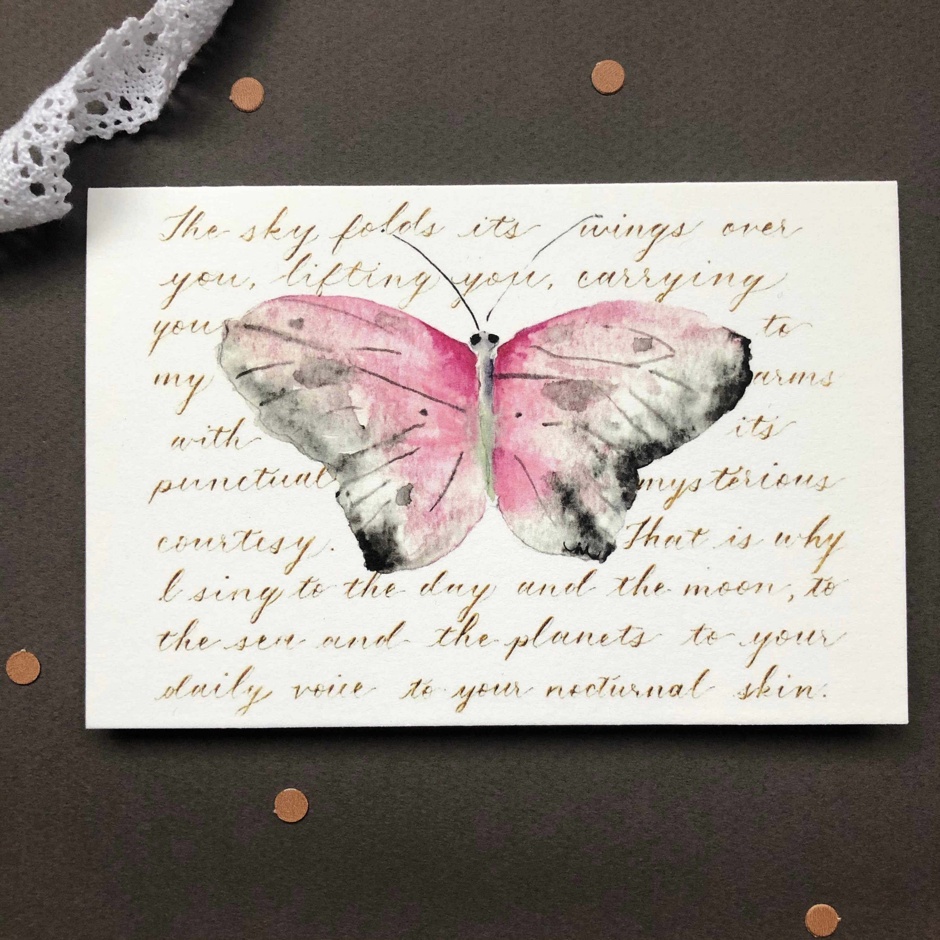 Love Poem Card, Pink Butterfly Card, Pablo Neruda Poem, Watercolor Card ...