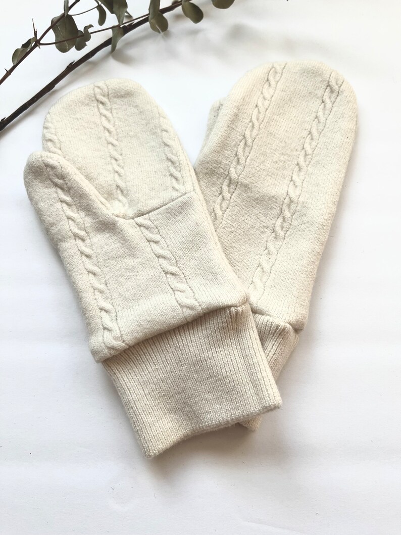 Ivory Coloured Upcycled Wool Mittens, Cable Knit Mitts, Upcycled ...