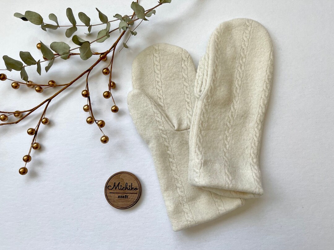 Ivory Coloured Upcycled Wool Mittens, Cable Knit Mitts, Upcycled ...