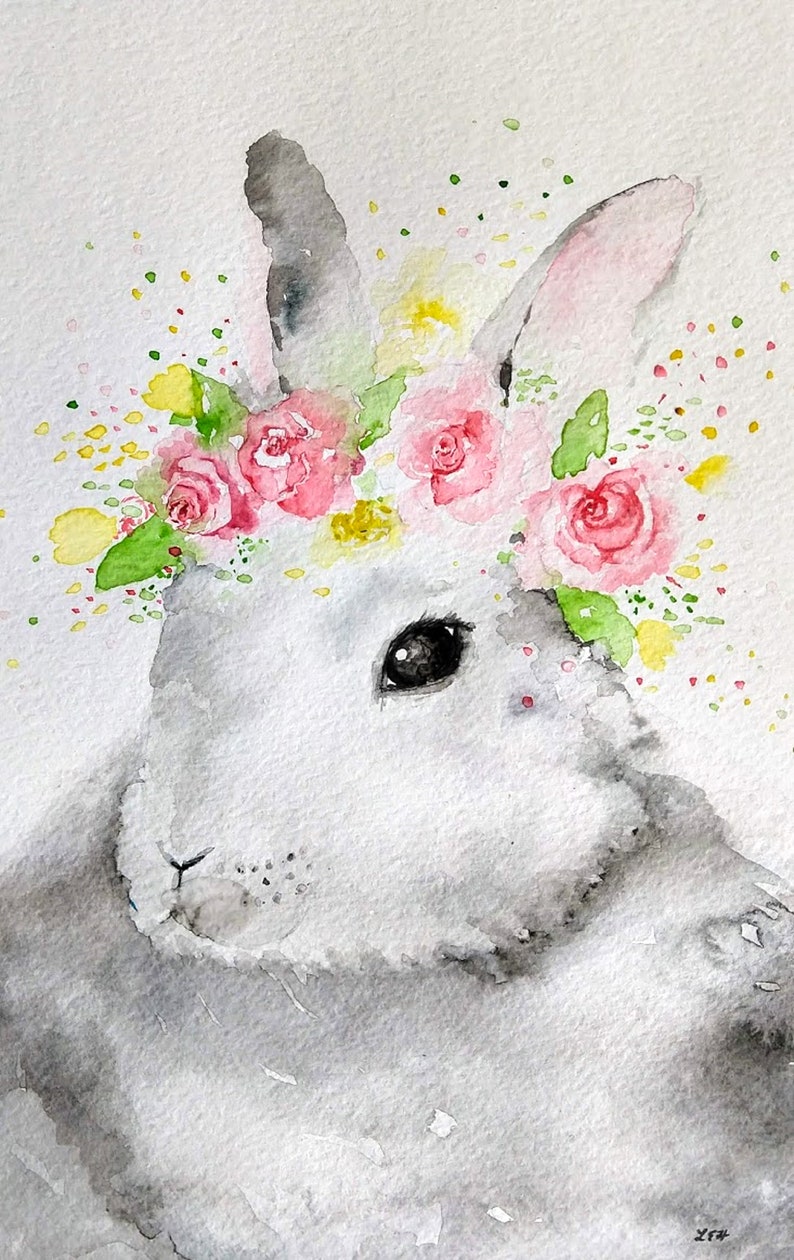 Bunny With Crown of Flowers Printable, Print of Original Watercolor ...