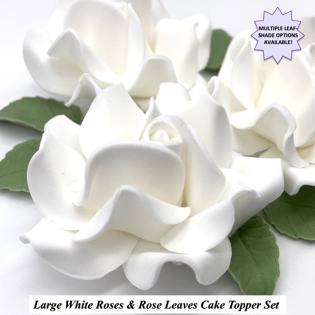 Large White Roses & Rose Leaves Cake Topper Set Wedding Cake ...