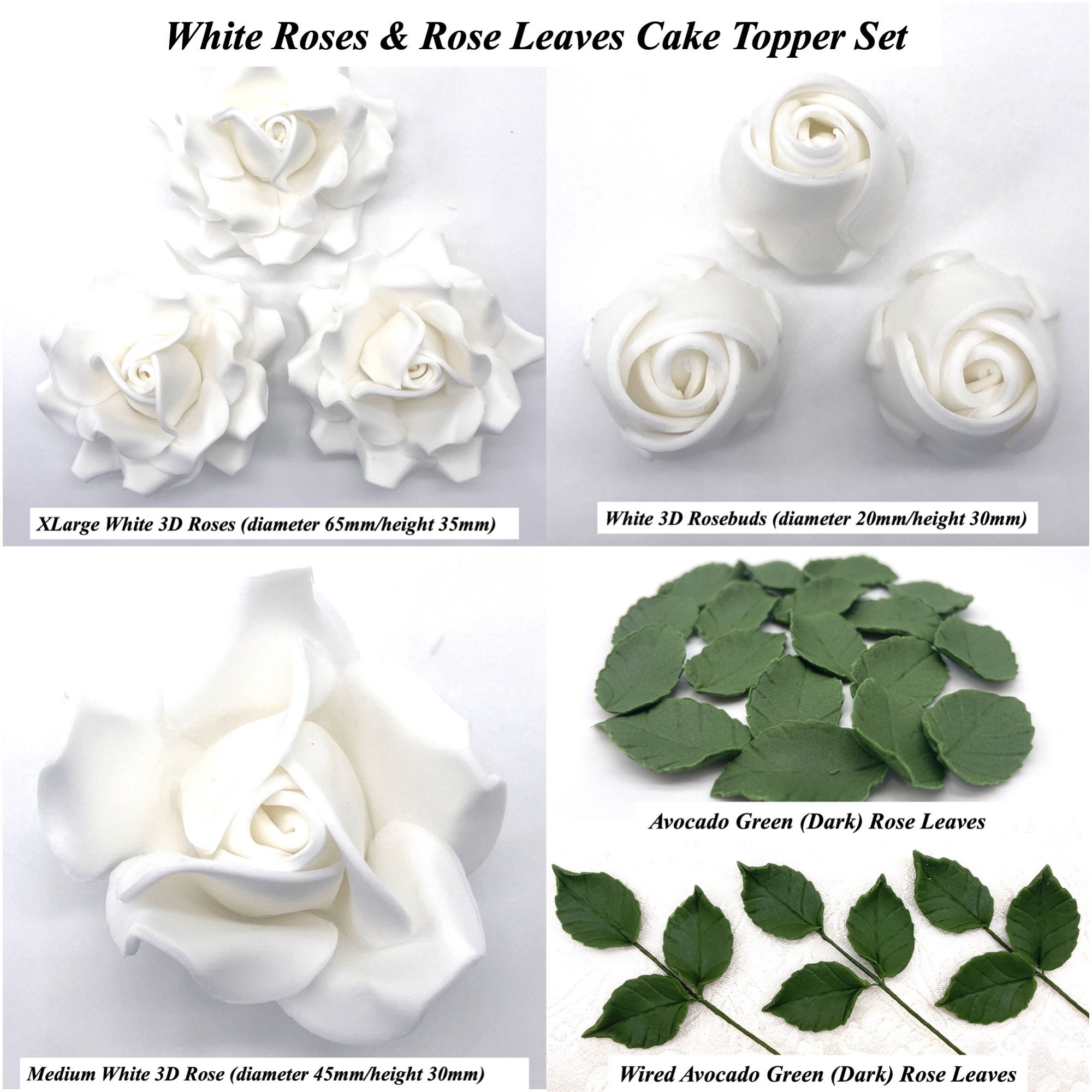 White Roses & Rose Leaves Cake Topper Set Wedding Cake - Etsy UK