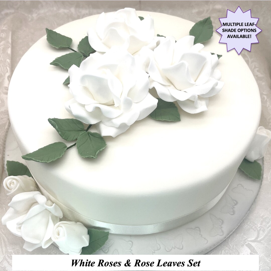 White Roses & Rose Leaves Cake Topper Set Edible Wedding Cake ...