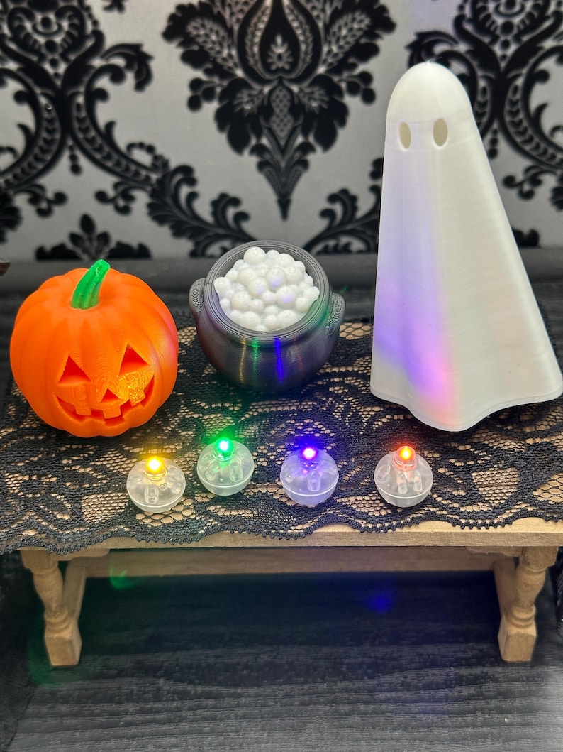 Miniature LED Halloween Trio, Jack O Lantern, Cauldron, Ghost, Haunted ...