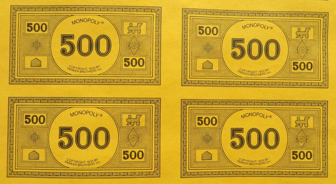 Monopoly Money Original Uncut Sheet 500 Dollar Bills Parker | Etsy